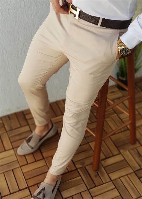 Pantaloni Barbati Eleganti In Crem Slim Fit Conici Cod Pn216