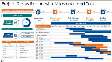 Project Status Report With Milestones And Tasks Powerpoint Presentation