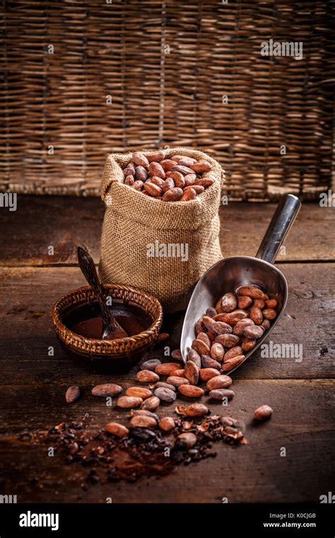Organic Cacao Beans In Burlap Sack And Cacao Powder In Bowl Stock Photo