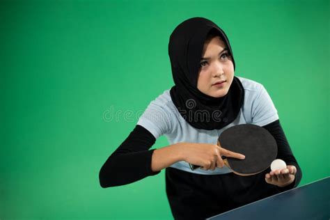 Asian Muslim Female Athlete Preparing To Serve Stock Image Image Of