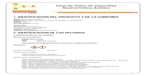 S A Hoja De Datos De Seguridad D Alcohol Etílico Anhidro Etilico