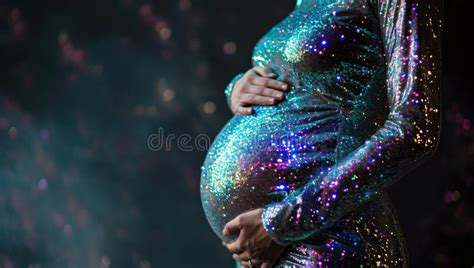 Pregnant Woman In A Sparkling Dress Holds Her Belly Against A Dark