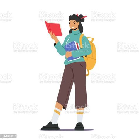 어깨에 배낭을 가진 젊은 여성 학생 더미 는 시험을 준비하거나 숙제를 합니다 소녀 캐릭터 읽기 책에 대한 스톡 벡터 아트 및