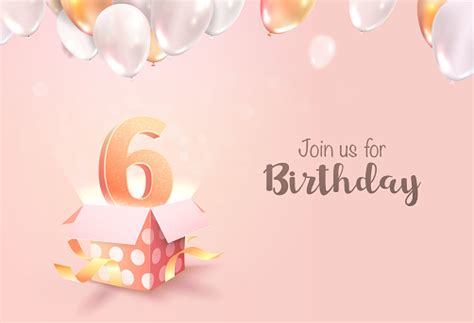 부드러운 배경에 6 년 생일 벡터 3d 그림을 축하합니다 6주년 기념 및 풍선이 달린 오픈 기프트 박스 3차원 형태에 대한 스톡