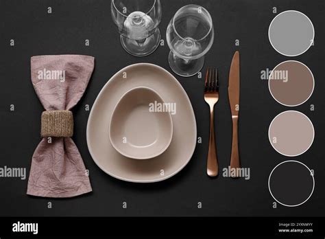 Elegant Table Setting On Dark Background Different Color Patterns Stock Photo Alamy