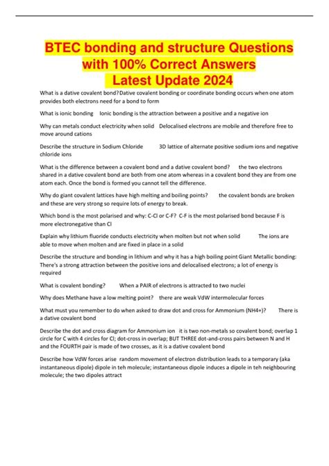 Btec Bonding And Structure Questions With 100 Correct Answers Latest Update 2024 Btec