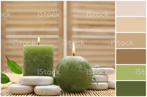 색상 팔레트와 대나무 매트에 스파 스톤과 양초가 있는 구성 콜라주 0명에 대한 스톡 사진 및 기타 이미지 0명 가꿔주기 건강관리와 의술 Istock