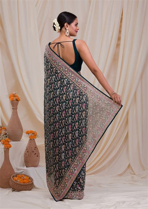 Buy Peacock Green Threadwork Georgette Saree Koskii