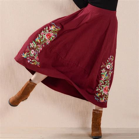 Ethnic Style Floral Embroidery Skirts Womens A Line Skirt Mid Waist