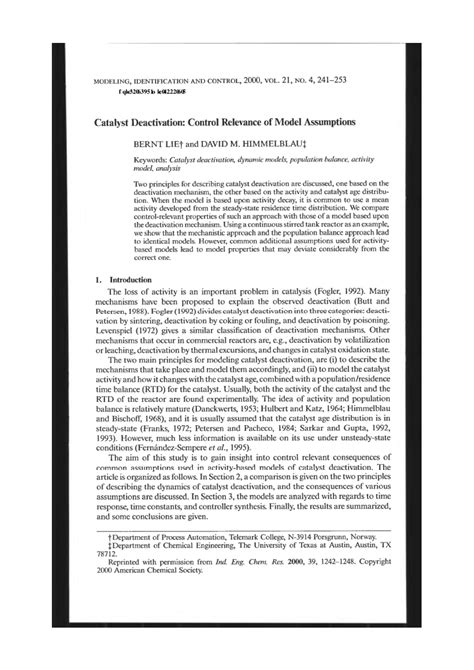 Pdf Catalyst Deactivation Control Relevance Of Model Assumptions