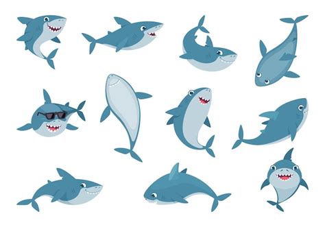 Premium Vector Ocean Shark Cute Wild Swimming Smiling Sharks With Big
