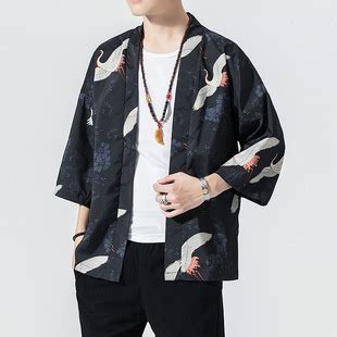 仙鹤道袍衬衫七分袖和风和服开衫宽松中国风男装外套春夏季潮 阿里巴巴