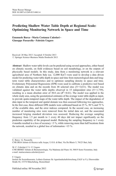 PDF Predicting Shallow Water Table Depth At Regional Scale