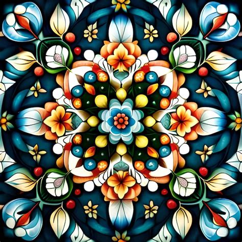 Un mosaico colorido con un patrón floral en azul y naranja Vector