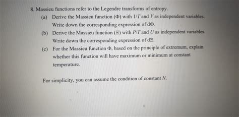 Solved 8 Massieu Functions Refer To The Legendre Transforms