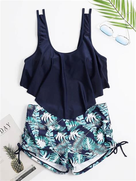 Ruffles Leaf Print Two Piece Tankini Swimsuit Buy More Save More Temu