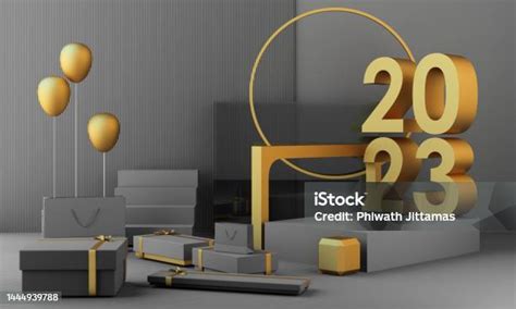 새해 개념의 2023년 금색 질감 흰색 대리석 색조 투명한 공이 있는 제품과 선물 상자를 표시하기 위한 기하학적 모양으로 둘러싸여 있습니다 3d 렌더링 0명에 대한 스톡