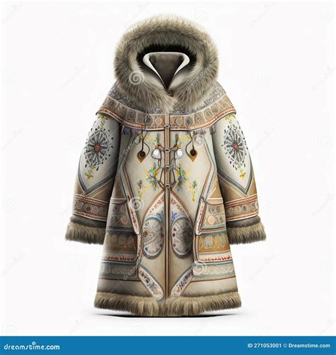 Eskimo National Clothes Deer Fur Coat With Embroidery Isolated On