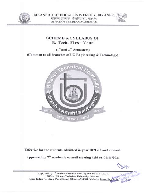 Btech First Year Scheme And Syllabus 2021 22 Pdf