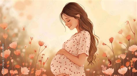 Happy Pregnant Woman Caressing Her Belly Vector Cartoon Illustration