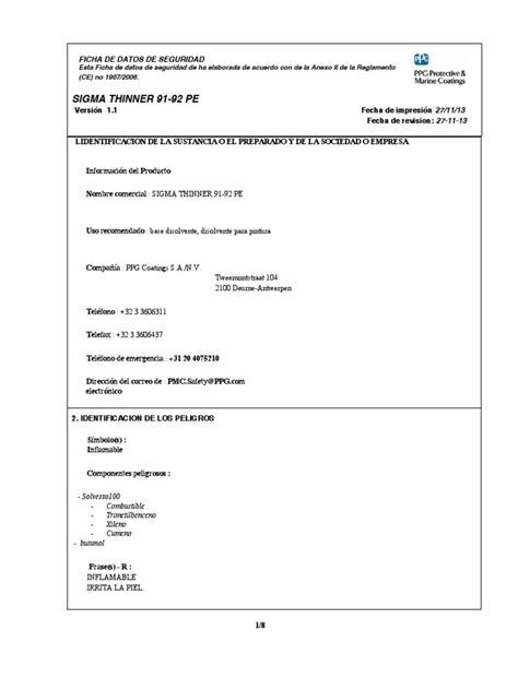 Msds Thinner 91 92 Pe Pdf Química Ciencias Fisicas