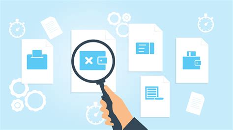 검색 아이콘으로 문서작성합니다 파일 및 돋보기 분석 연구 기호입니다 벡터 일러스트 카드 돈 지갑 파일 문서 연구 벡터 일러스트