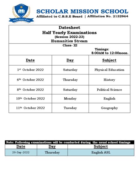 Class 11 Half Yearly Exam Datesheet Humanities Stream 2022 23 Pdf
