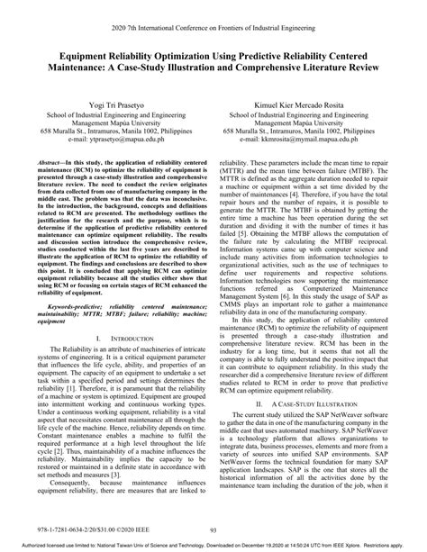 PDF Equipment Reliability Optimization Using Predictive Reliability Centered Maintenance A