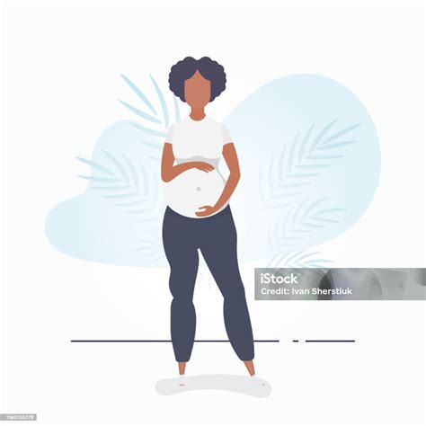 전체 길이 임산부 잘 구축 임신 여성 캐릭터 당신을 위해 파란색 톤의 배너 만화 스타일의 벡터 일러스트레이션 귀여운에 대한 스톡 벡터 아트 및 기타 이미지 Istock
