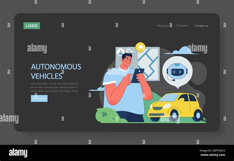 Autonomous Vehicles Concept Man Using Tablet To Interact With Self Driving Car Integration Of