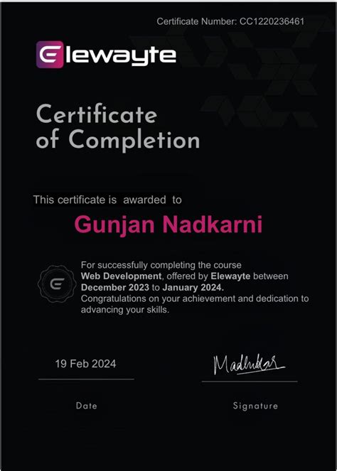Gunjan Nadkarni On Linkedin Completed My Course At Elewayte In Web Development