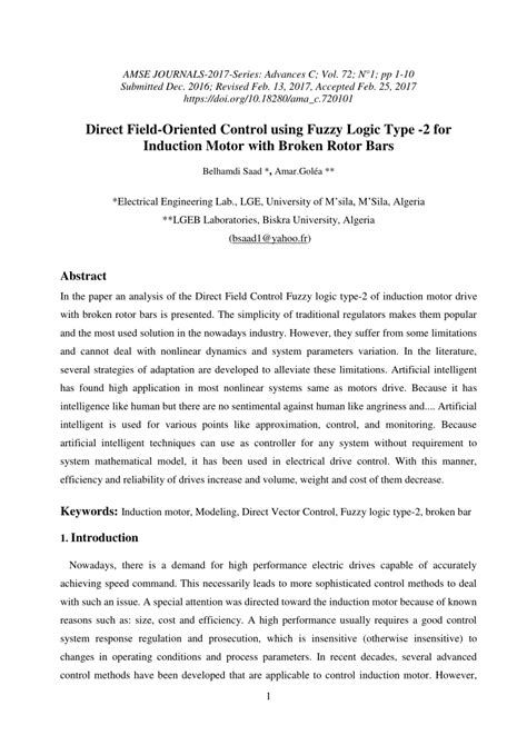 Pdf Direct Fieldoriented Control Using Fuzzy Logic Type 2 For Induction Motor With Broken