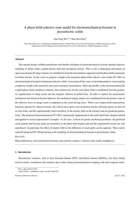 PDF A Phase Field Cohesive Zone Model For Electromechanical Fracture In Piezoelectric Solids