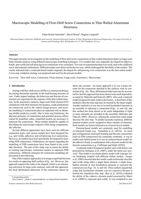 Pdf Macroscopic Modelling Of Flow Drill Screw Connections In Thin