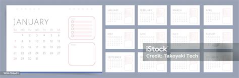 메모를 위한 장소가 있는 2024 캘린더 플래너 템플릿입니다 벽이나 책상 A4 달력의 벡터 레이아웃입니다 일요일 시작 달력 인쇄 가능한 그리드 0명에 대한 스톡 벡터 아트