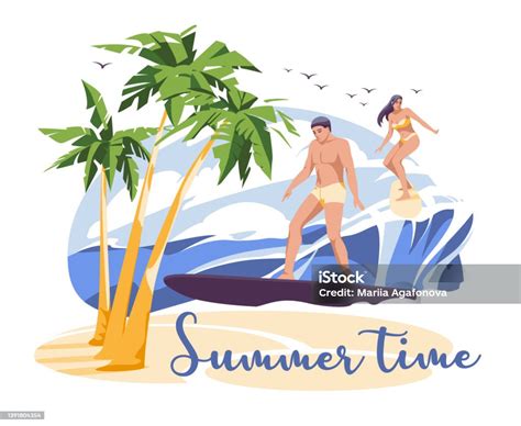 여름 서핑 젊은 사람들 큰 바다 파도에서 서핑을하는 남자와 소녀 야자수가있는 열대 해안 플랫 벡터 일러스트 레이 션 서핑 수상 스포츠에 대한 스톡 벡터 아트 및 기타 이미지