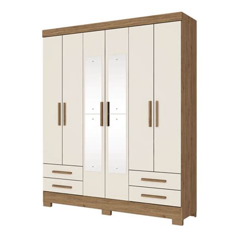 ROPERO 6 PUERTAS 4 CAJONES CON ESPEJO B63 HENN RÚSTICO OFF WHITE Abba
