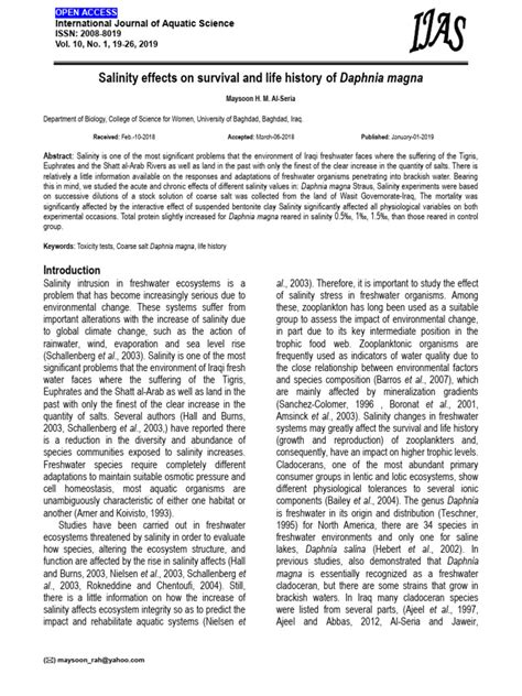 Salinity Effects On Survival And Life History Download Free Pdf