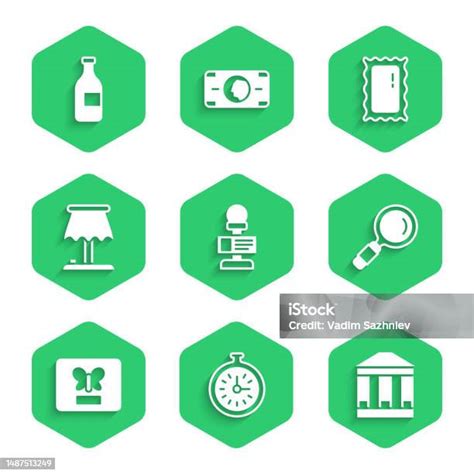 마이크 포켓 시계 박물관 건물 돋보기 나비 프레임 테이블 램프 큰 전신 거울 및 와인 한 병을 설정하십시오 벡터 건축에 대한 스톡 벡터 아트 및 기타 이미지 Istock