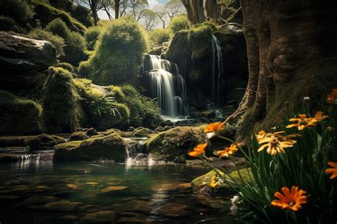 Premium Photo Spring Flowers By The Waterfall