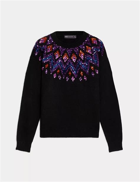 Sequin Fair Isle Crew Neck Jumper Mands Collection Mands