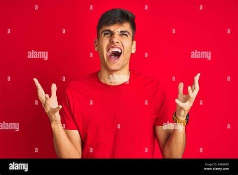 Young Indian Man Wearing T Shirt Standing Over Isolated Red Background