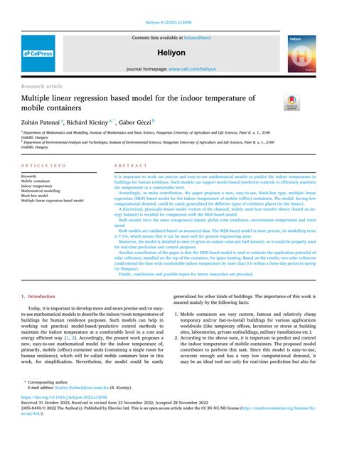 Pdf Multiple Linear Regression Based Model For The Indoor Temperature