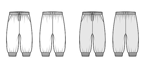 탄성 커프스 낮은 허리 드로스트링 무릎 길이가 있는 반바지 스웨트팬츠 테크니컬 패션 일러스트 플랫 트레이닝 땀복에 대한 스톡 벡터 아트 및 기타 이미지 Istock