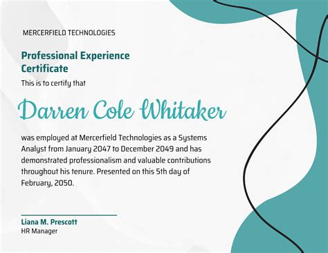 Free Professional Experience Certificate Template To Edit Online