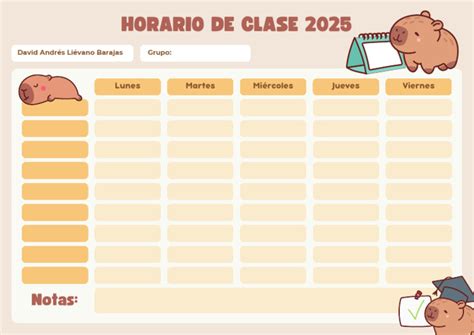 Horario Escolar Semanal Infantil Para Niños Capibara Ilustrado Pdf