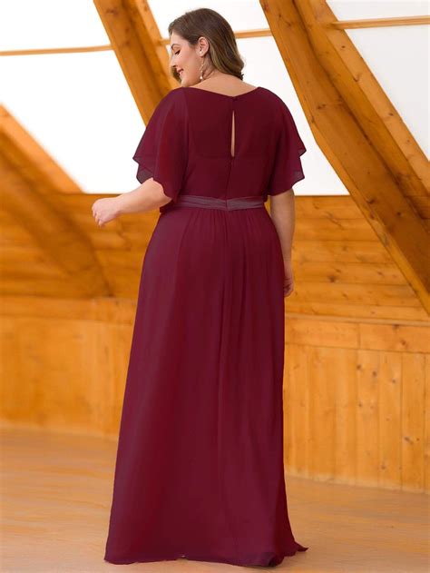 Plus Size Evening Dress Maxi Long Flowy Chiffon Short Sleeve