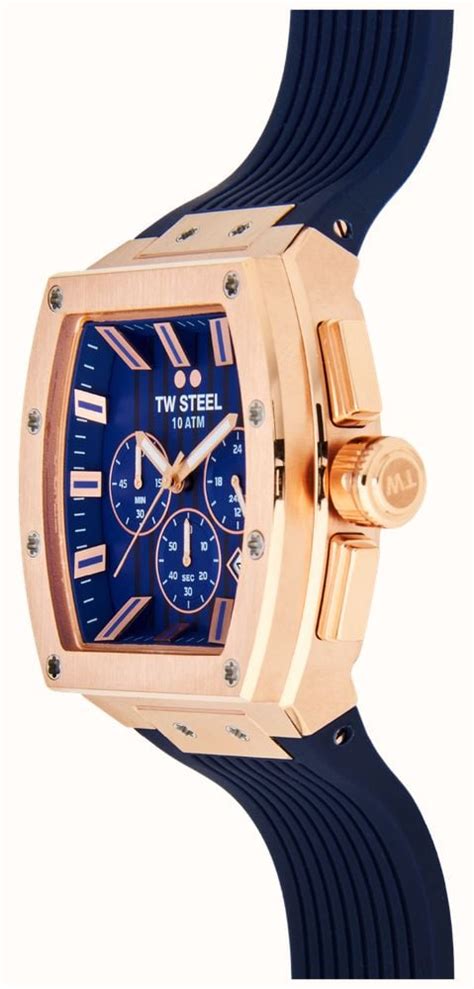 Tw Steel Mens Tonneau 42mm Blue Chronograph Dial Blue Rubber Strap