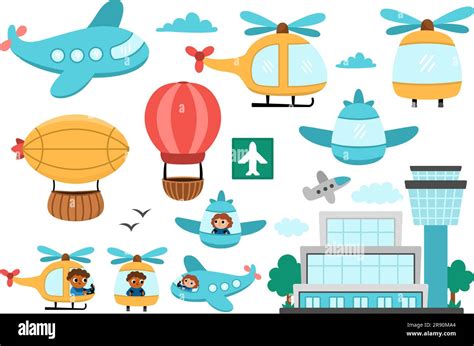 Vector Air Transport Set Funny Transportation Collection With Plane