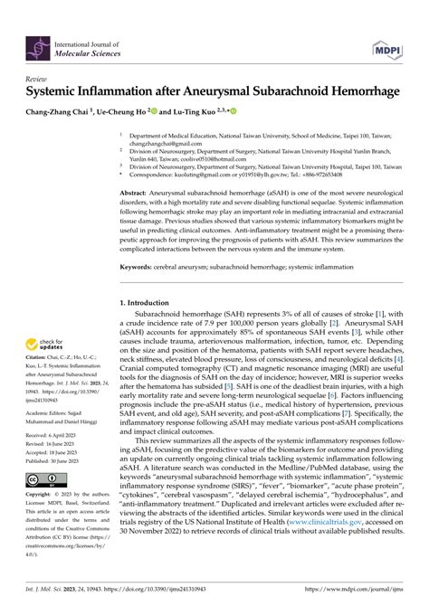Pdf Systemic Inflammation After Aneurysmal Subarachnoid Hemorrhage